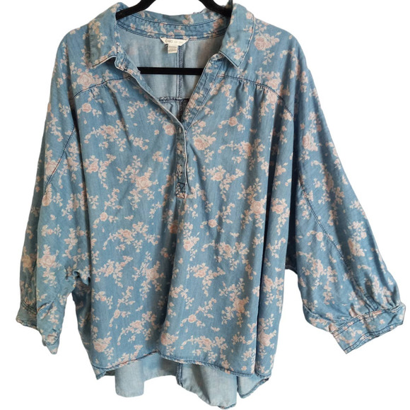Cato | Tops | Cato Oversized Boxy Flowy Blue Chambray Pink Floral Long ...